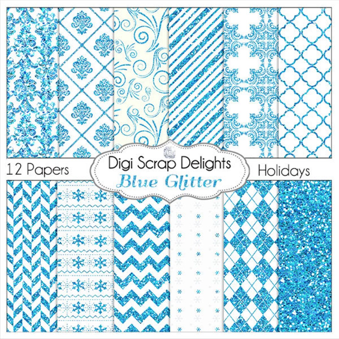 Blue Glitter Digital Scrapbook Papers in Blue, Instant Download for ...