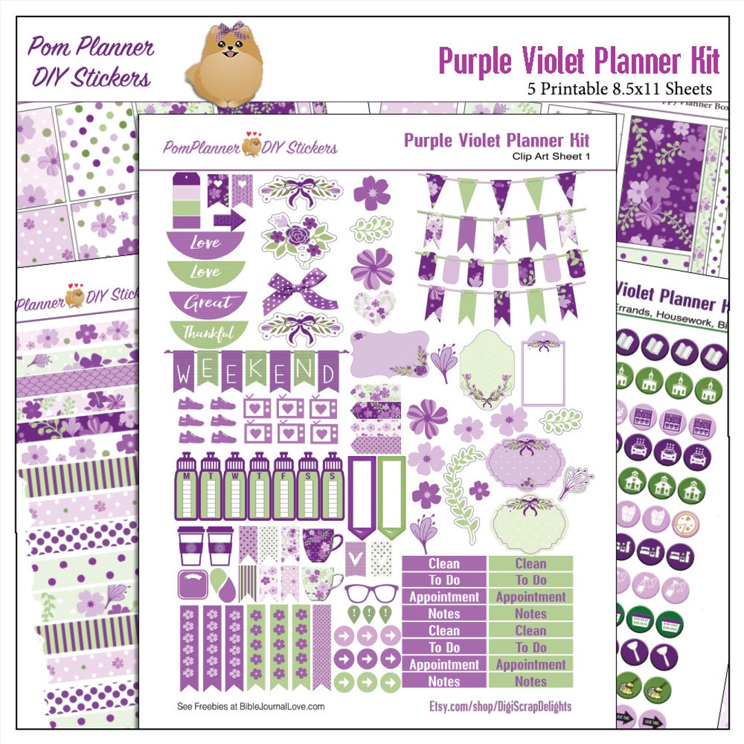Planner Kit! Purple Violet Printable Stickers / 5 Pdf Clip Art, Washi ...