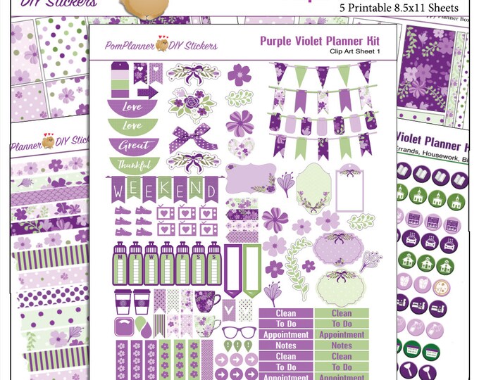 Planner Kit Purple Violet Printable Stickers / 5 Pdf Clip - Etsy