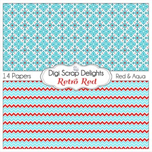 SALE 1.75 SALE 1.75 Retro Red, Aqua, Turquoise Digital Papers ...