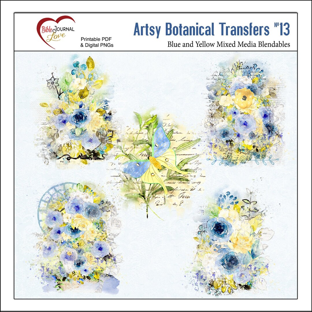 Artsy Botanical Transfers Set 13 Blendables Blue Yellow Painted Flowers ...
