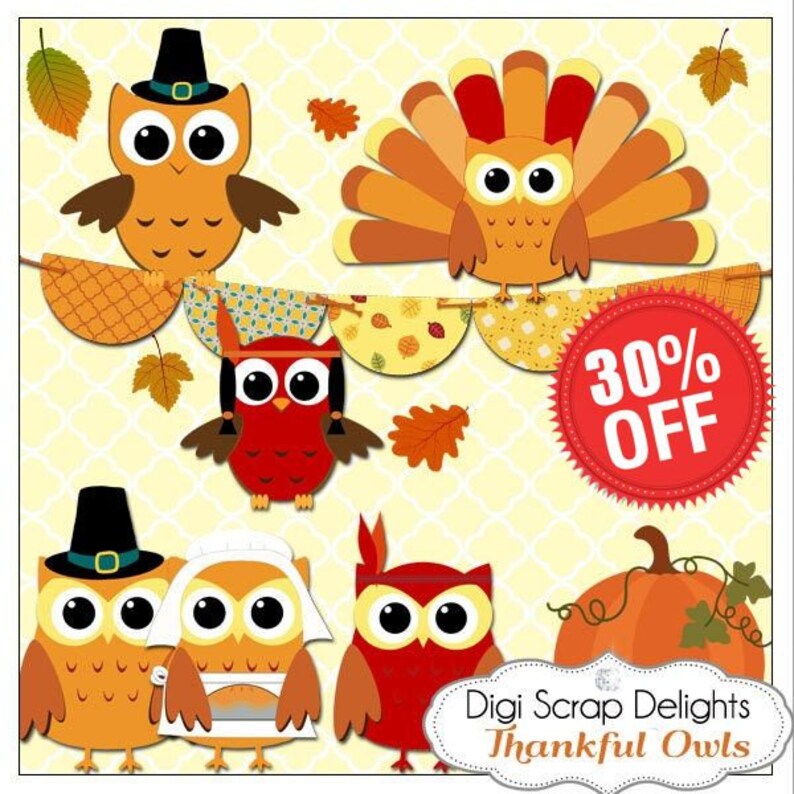 Thanksgiving Owls Pilgrims Indians Turkey Clip Art for - Etsy
