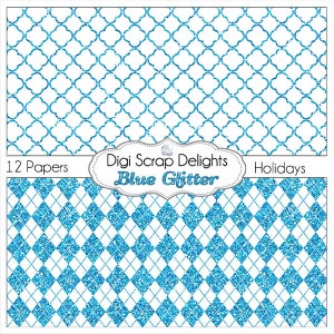 Blue Glitter Digital Scrapbook Papers in Blue, Instant Download for ...