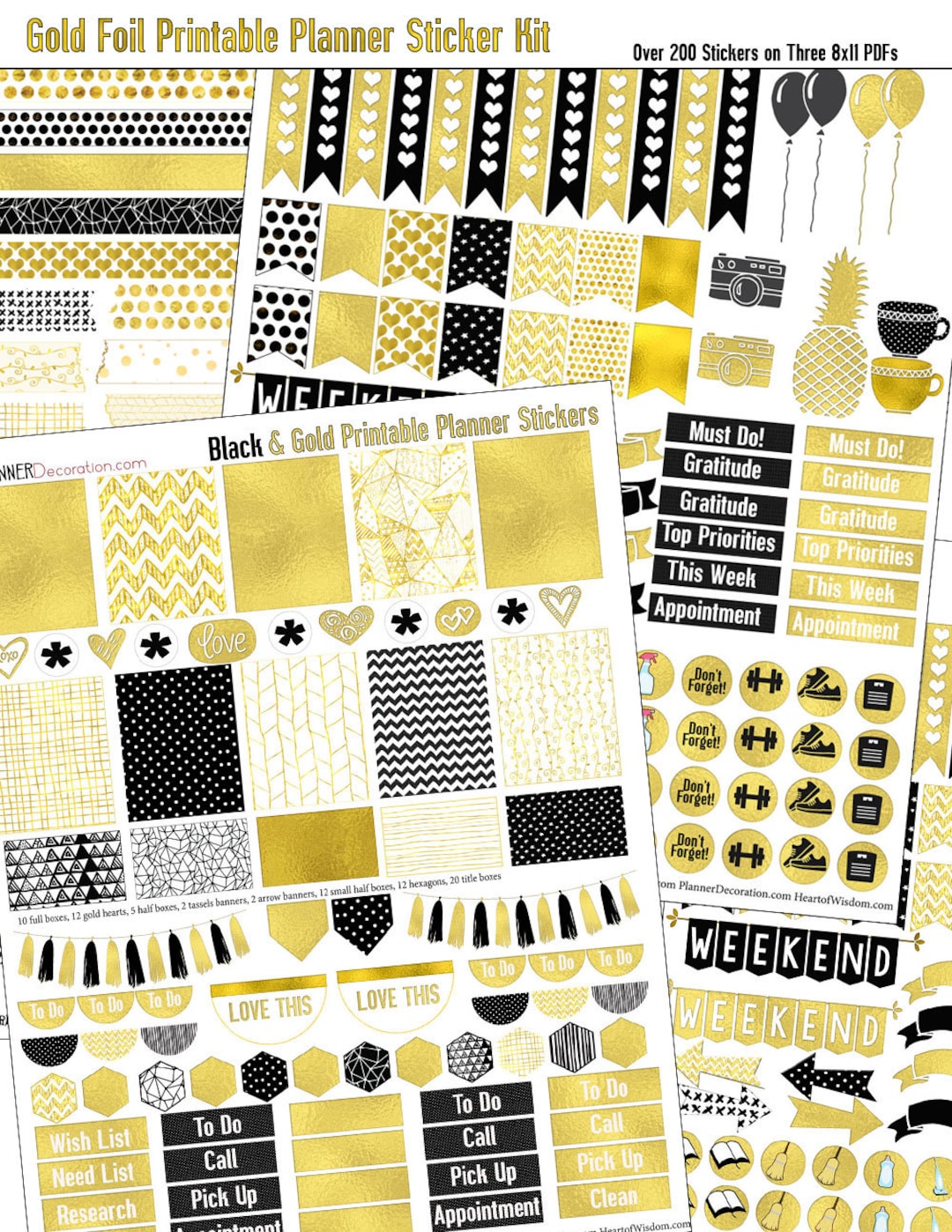 Planner Kit Stickers Gold and Black Foil Printable Planner - Etsy Canada