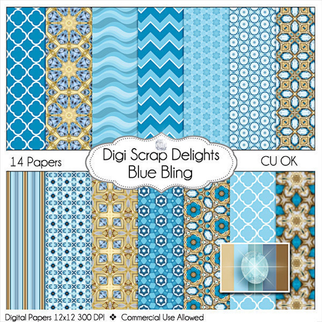 SALE 1.75 Blue Bling Scrapbook Paper in Aquamarine Blue & Gold for ...