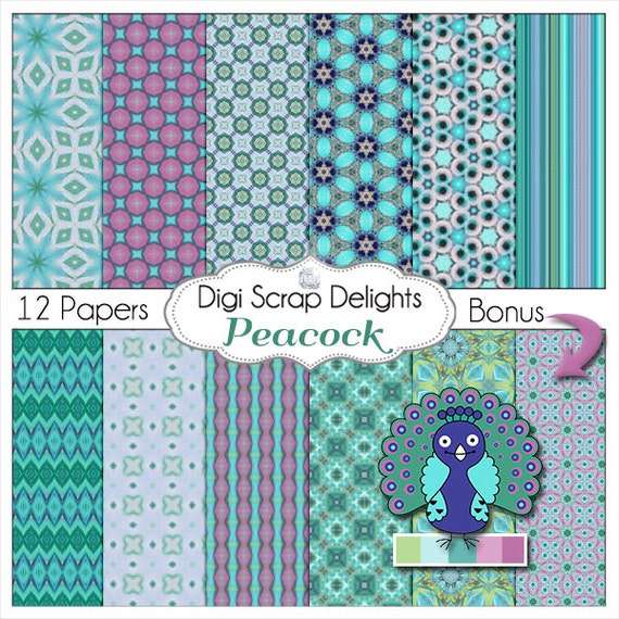 Peacock Digital Papers in Turquoise Blue Purple and Green | Etsy