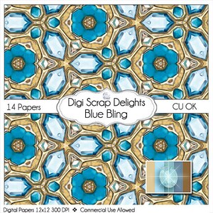 SALE 1.75 Blue Bling Scrapbook Paper in Aquamarine Blue & Gold for ...