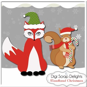 Christmas Clip Art Woodland Digital Red, Green, Fox, Owl, Deer, Trees ...