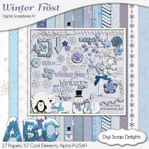 Winter Frost Digital Scrapbook Bundle Blue Papers & 100+ Elements for ...