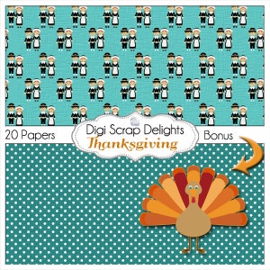 Thanksgiving Digital Papers W Turkey, Pilgrim, Pumpkin, for Digital ...