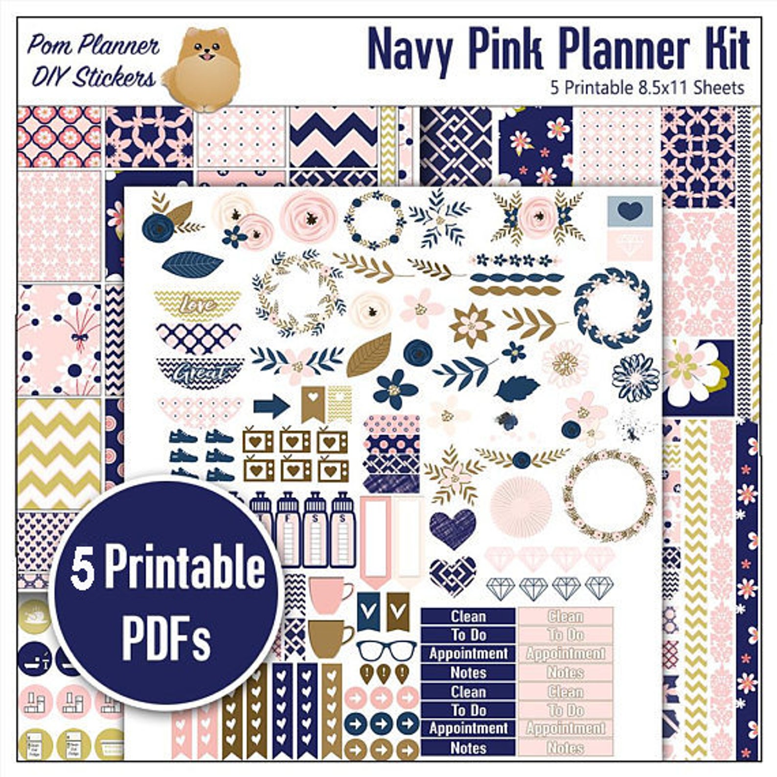 Navy Pink Planner Kit Printable Stickers / 5 Pdf Clip Art - Etsy