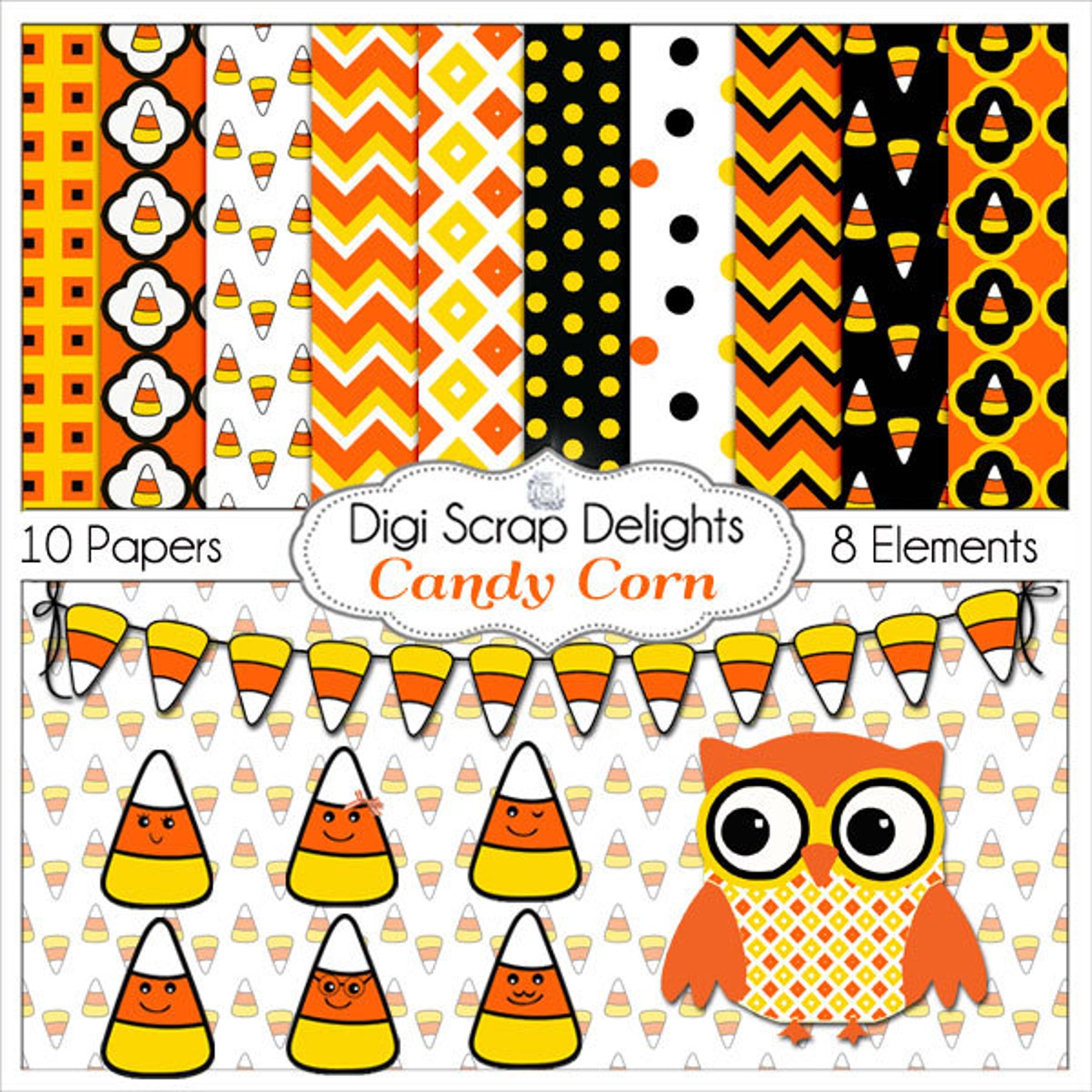 Candy Corn Clip Art Owl Digital Papers Black Orange Yellow - Etsy