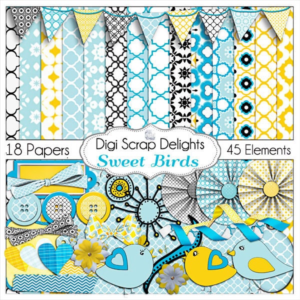 Sweet Birds Digital Scrapbook Kit in Blue and Yellow Gold w | Etsy
