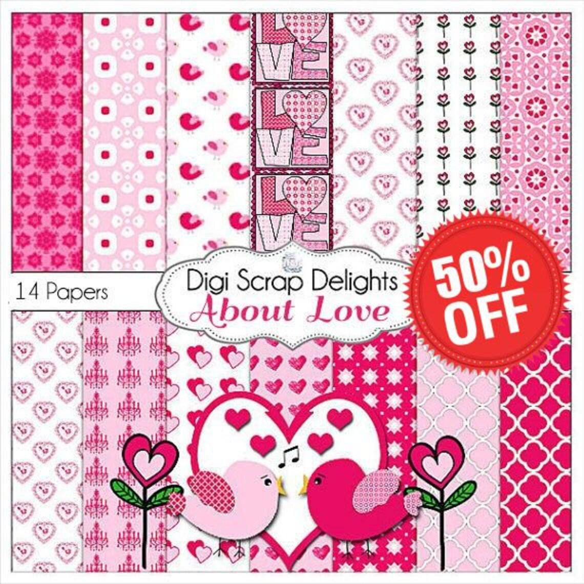 Valentine Clip Art Digital Scrapbook Papers & Bird Clip Art - Etsy