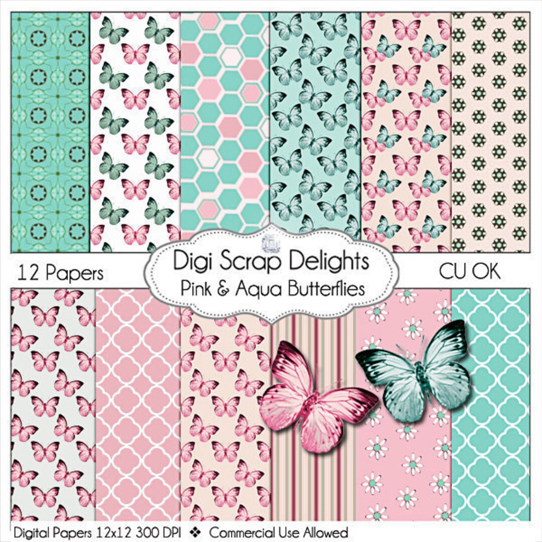 SALE 1.75 Pink & Aqua Butterflies Digital Scrapbook Paper for ...