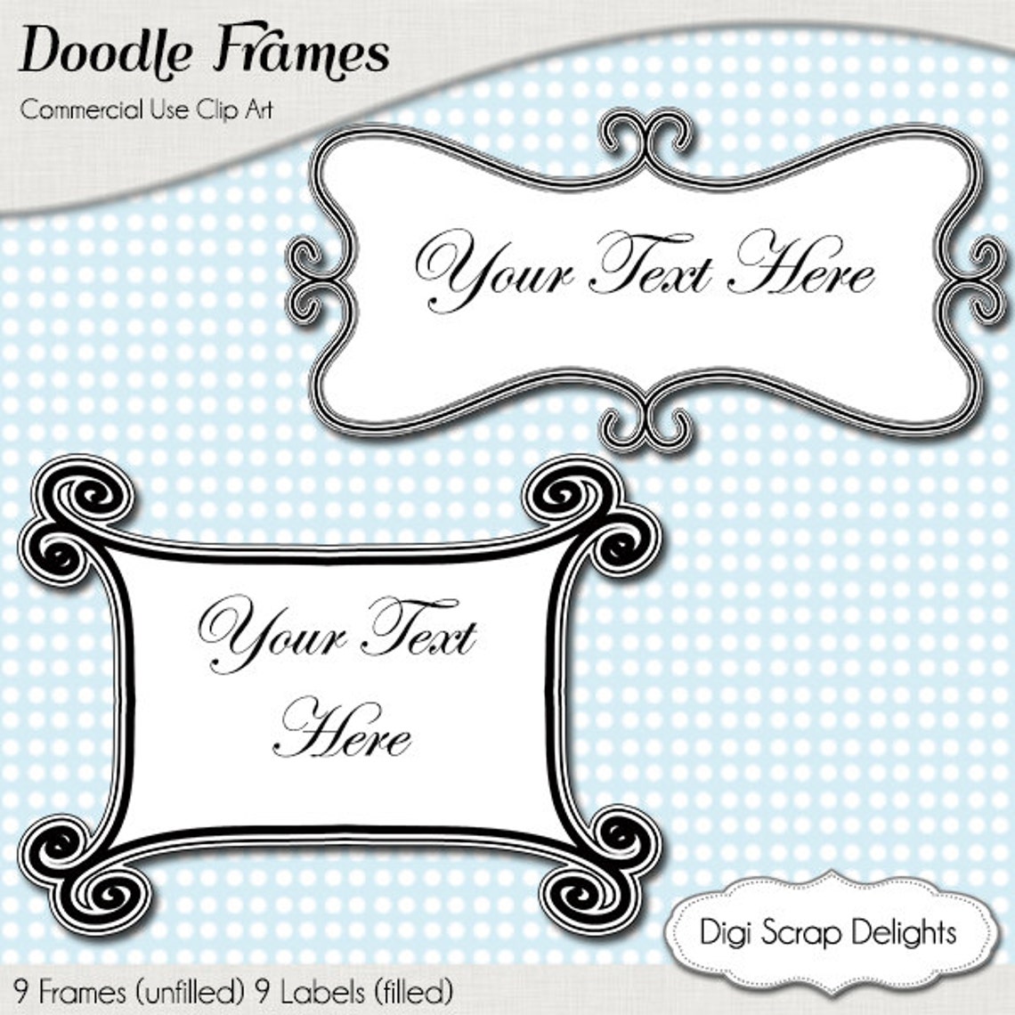 9 Digital Scrapbooking Doodle Frames // Clip Art Clipart // - Etsy