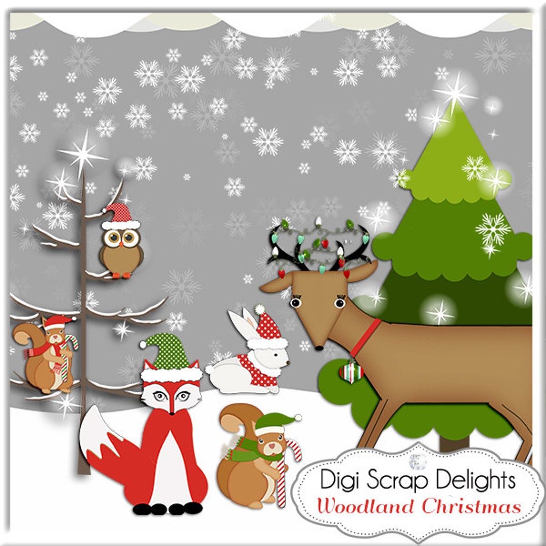 Christmas Clip Art Woodland Digital Red, Green, Fox, Owl, Deer, Trees ...