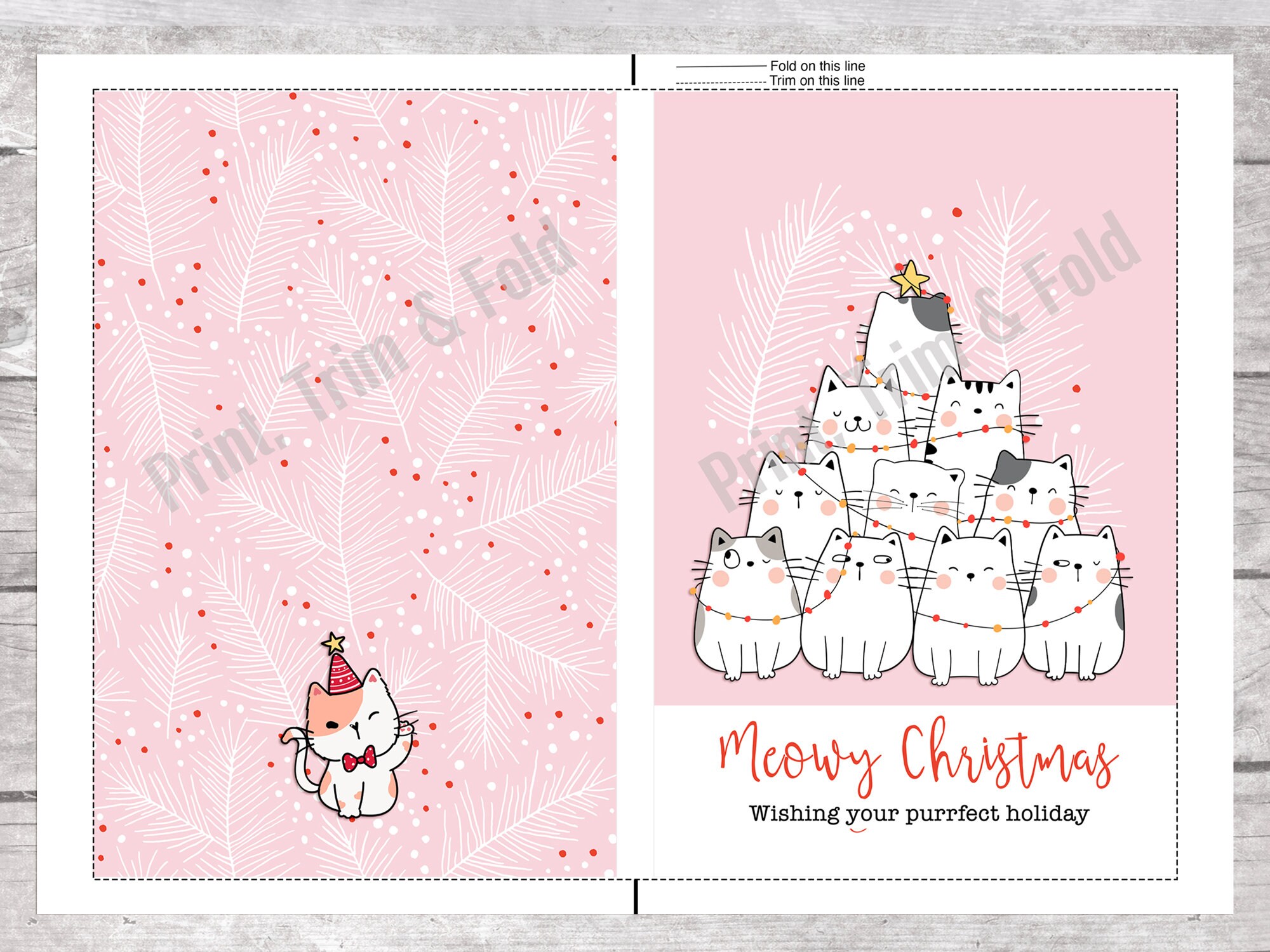 Printable Cat Christmas Card in Pink Unique Kitten Tree Meowy | Etsy