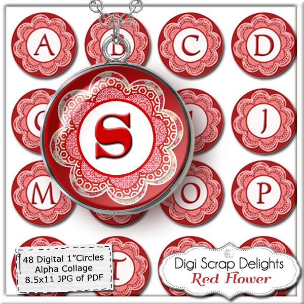 Red Flower Alpha Collage One Inch Circles Pendants - Etsy