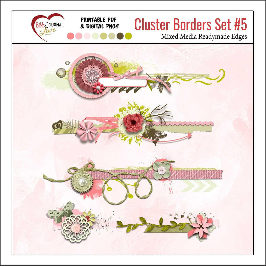 Mixed Media Cluster Borders 5 Flowers, Paint, Paper, String, Stamps ...