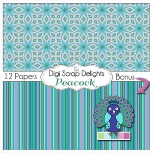 Peacock Digital Papers in Turquoise Blue, Purple and Green With Bonus ...