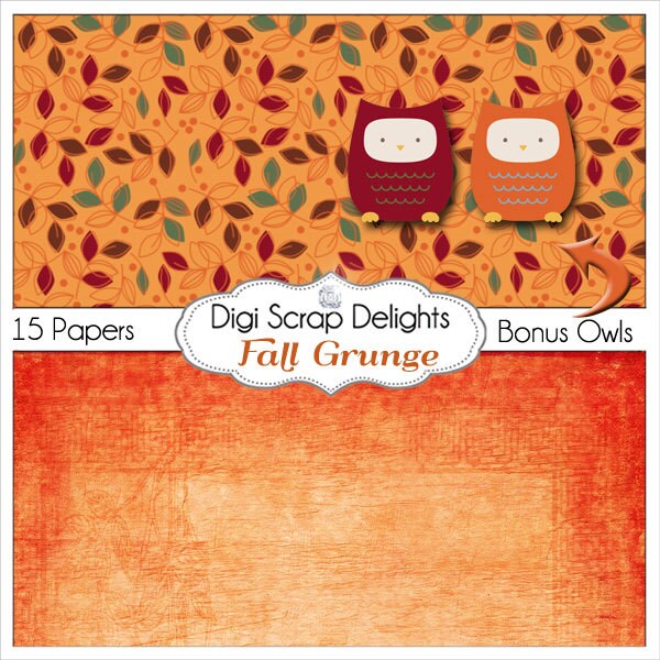 Fall Grunge Digital Papers With Autumn Owl & Pumpkins for Card - Etsy