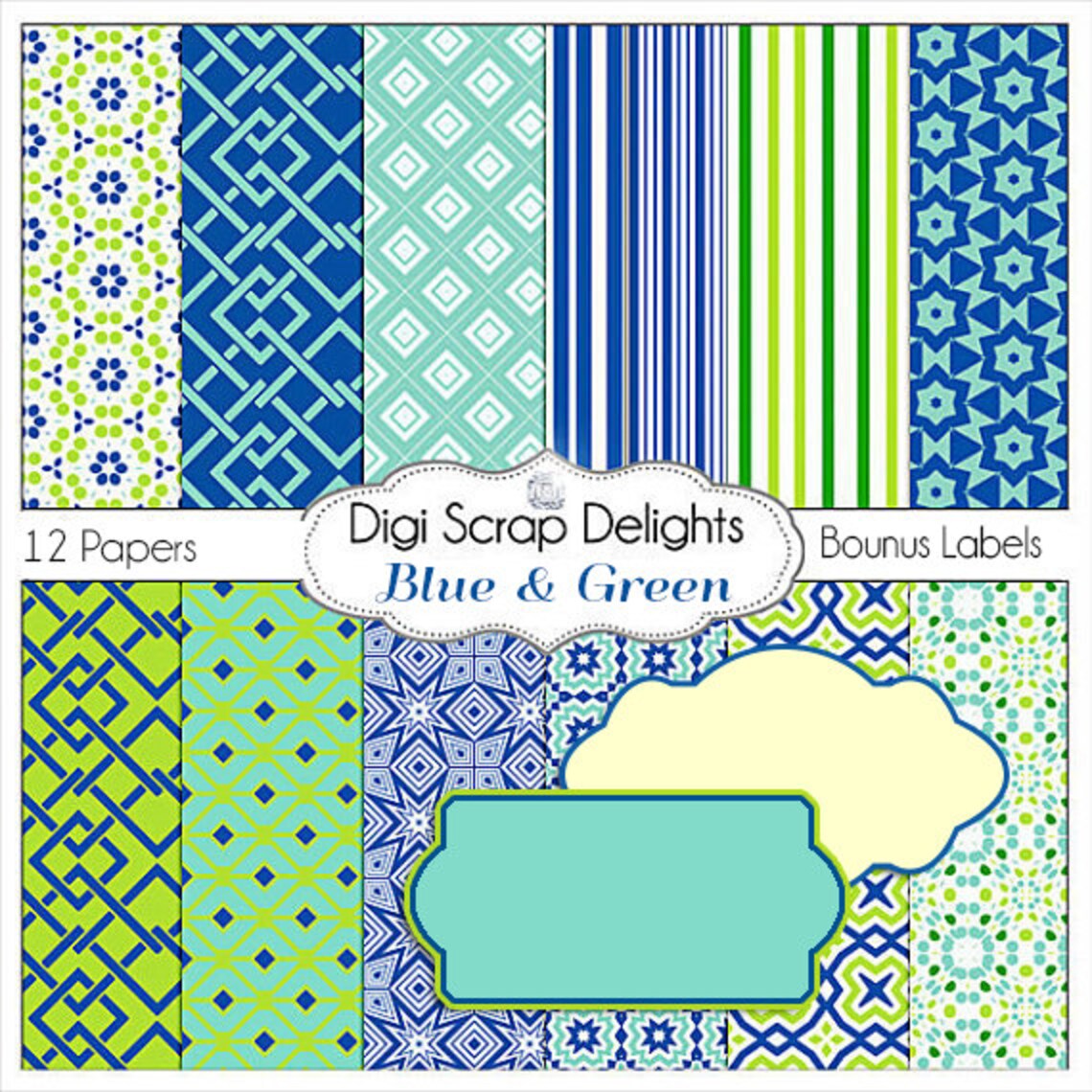 SALE 1.75 Blue Green Digital Scrapbook Paper in Blue Green and - Etsy
