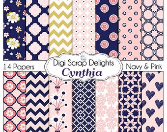 NAVY BLUE PINK Digital Paper: Navy Pink Printable Pattern - Etsy