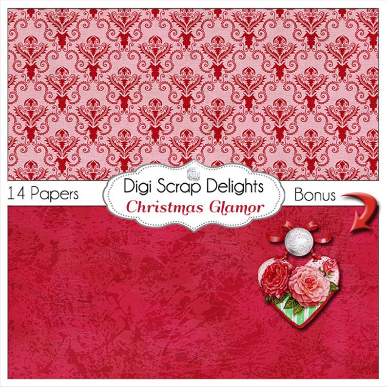 Christmas Papers Red, Green, & Pink Digital Scrapbooking Paper, Grunge ...