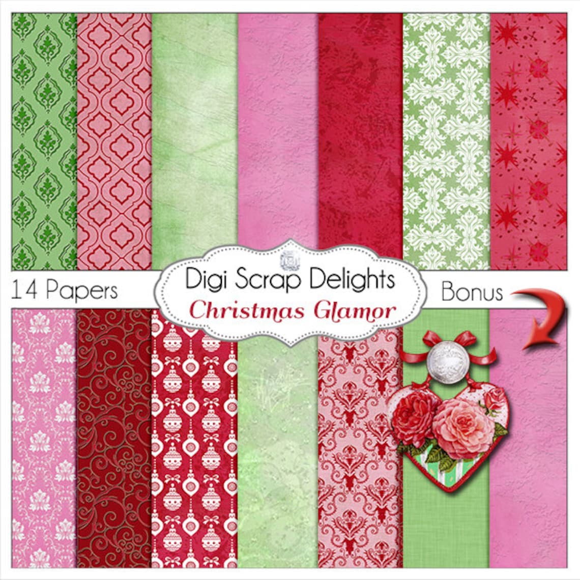 Christmas Papers Red Green & Pink Digital Scrapbooking | Etsy