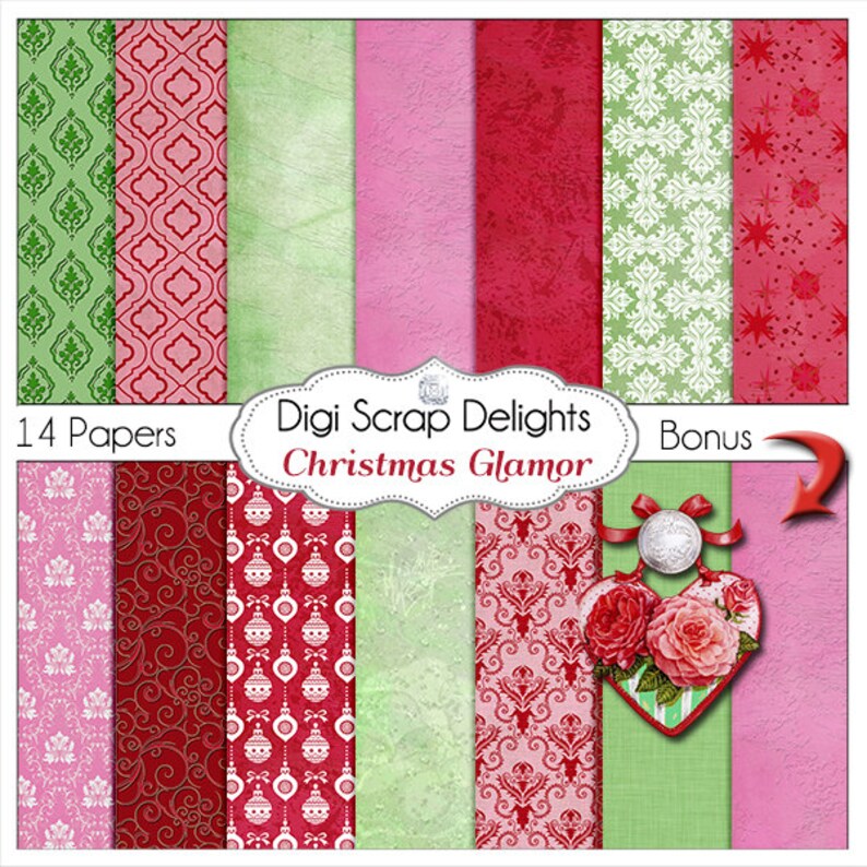 Christmas Papers Red Green & Pink Digital Scrapbooking - Etsy
