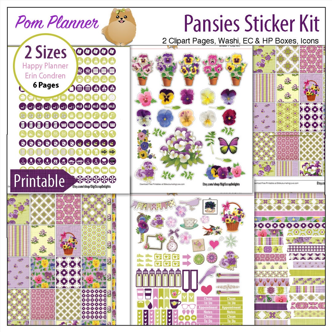 Pansies Printable Stickers / 6 Pdf Clip Art, Washi, HP & EC Boxes, 300 ...