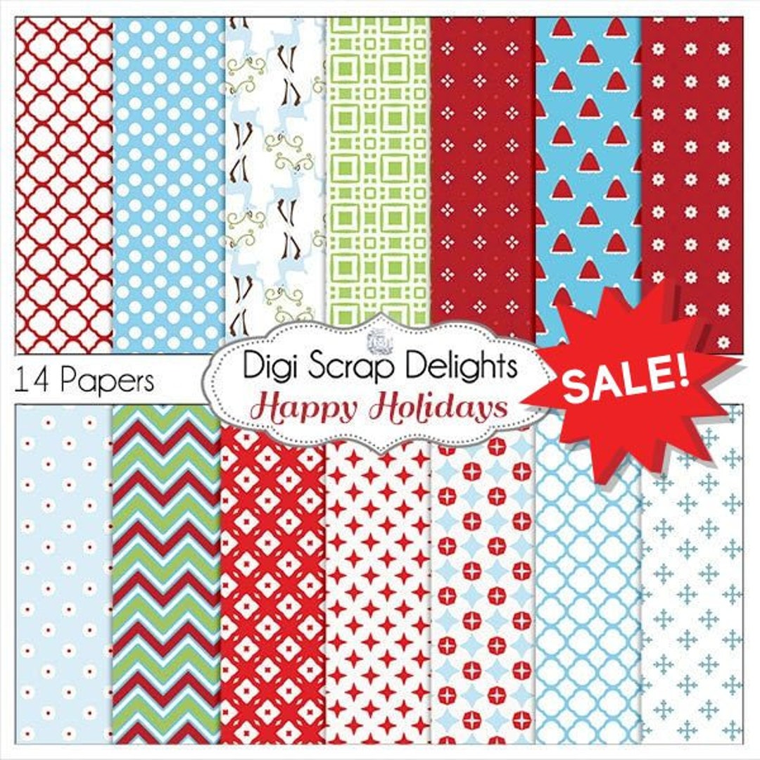 Happy Holidays Christmas Papers , Red, Green, Turquoise Digital ...