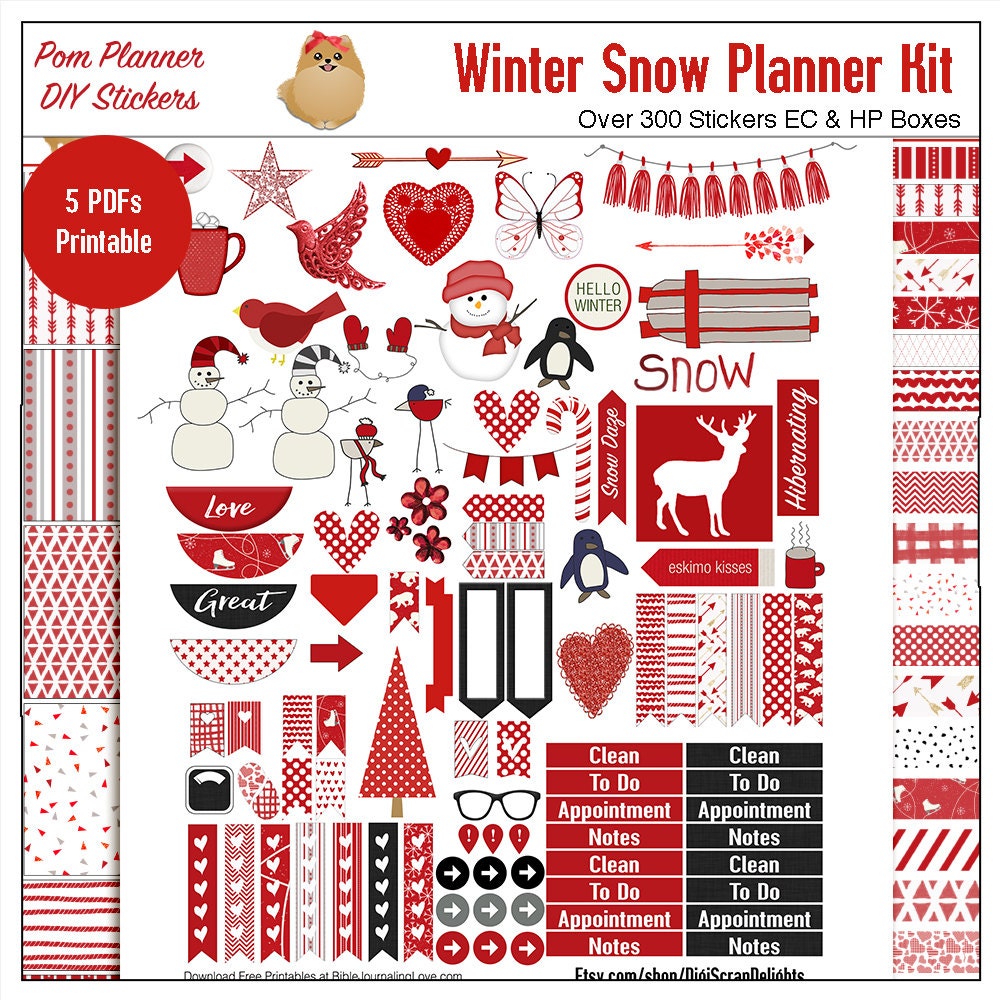 Planner Kit Stickers Winter Snow Red Printable Kit 5 PDFs | Etsy