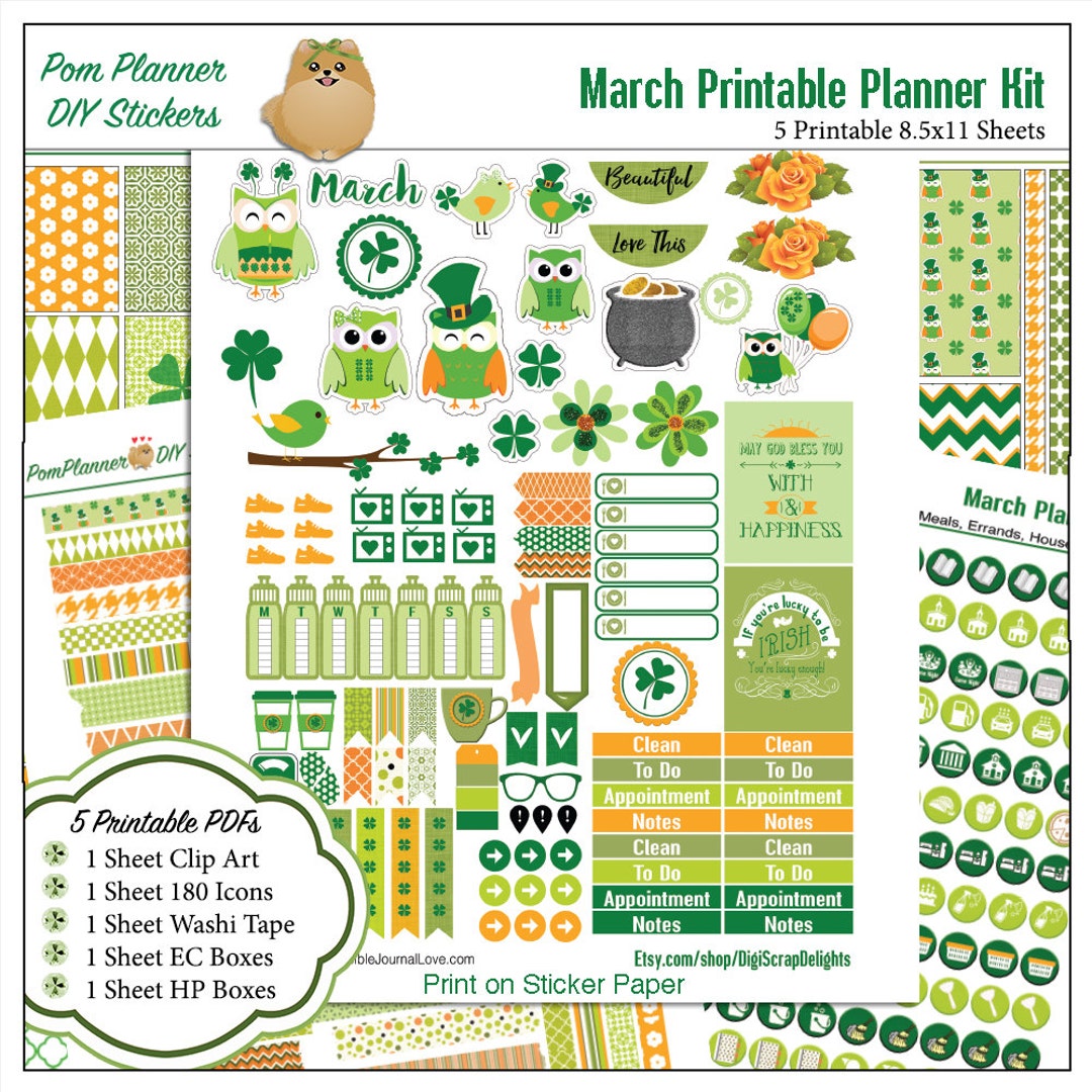 March Printable Stickers / St Patrick Owl Kit in Green Orange 5 Pdf ...