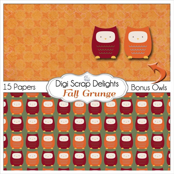 Fall Grunge Digital Papers With Autumn Owl & Pumpkins for Card - Etsy