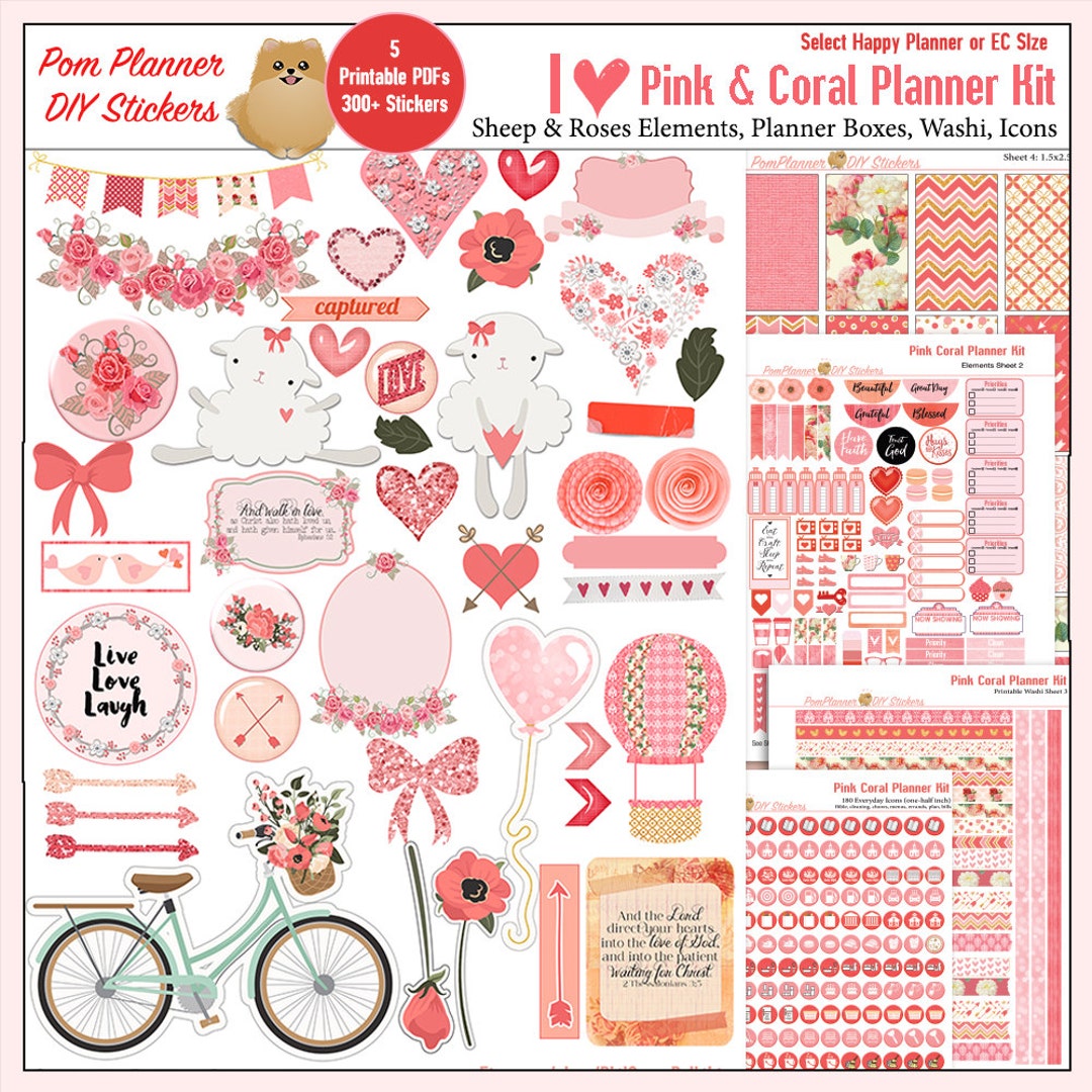 Planner Kit! Printable Stickers Kit in Pink & Coral Roses, Hearts, Pdf ...