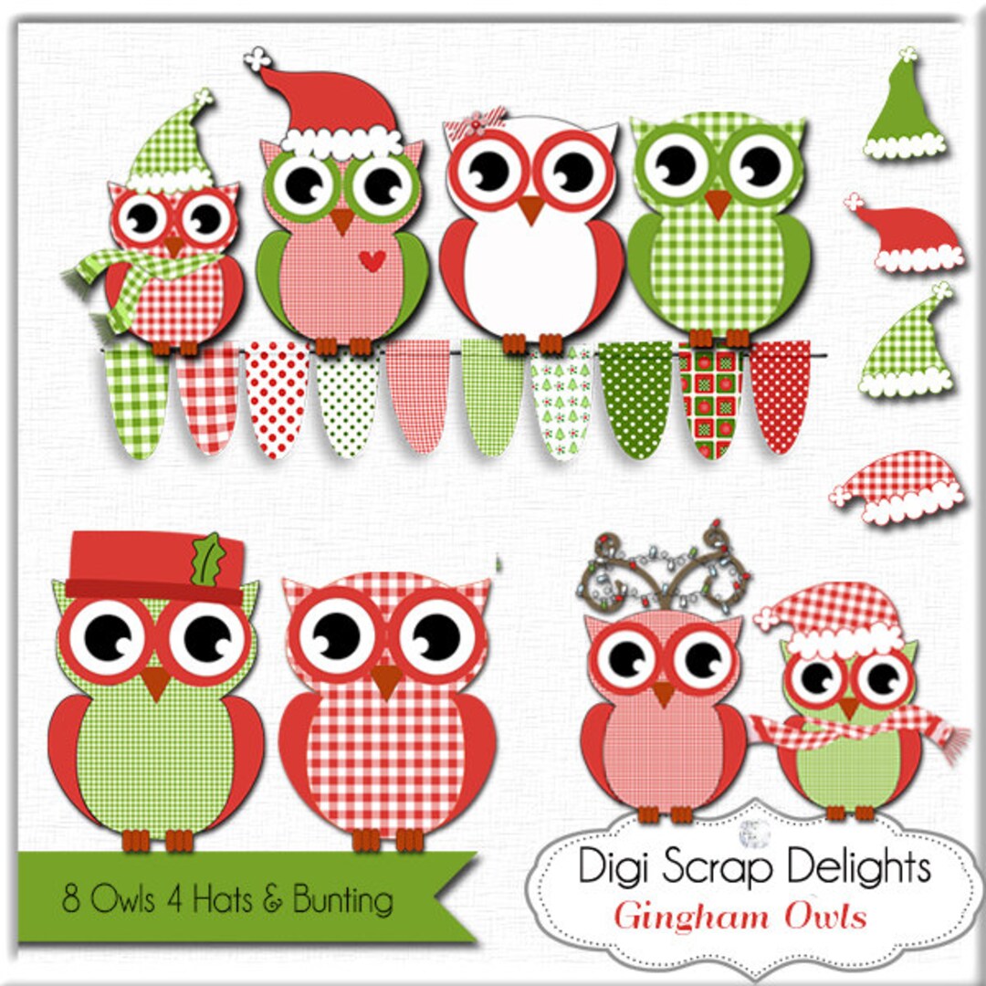 Christmas Owls Clip Art: Gingham Scrapbooking Kit (digital Download) - Etsy