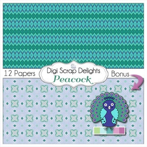 Peacock Digital Papers in Turquoise Blue, Purple and Green With Bonus ...