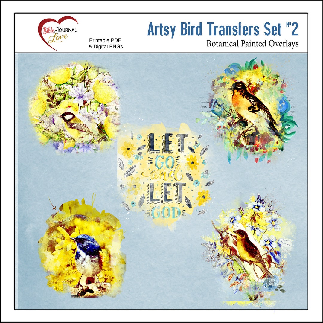 Artsy Bird Transfers Set 2: Botanical Painted Overlays (PDF & Pngs) - Etsy