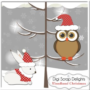 Christmas Clip Art Woodland Digital Red, Green, Fox, Owl, Deer, Trees ...
