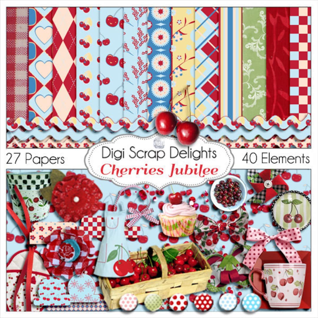 Cherries Jubilee Digital Scrapbook Kit in Red, Pink, Aqua Blue 27 ...