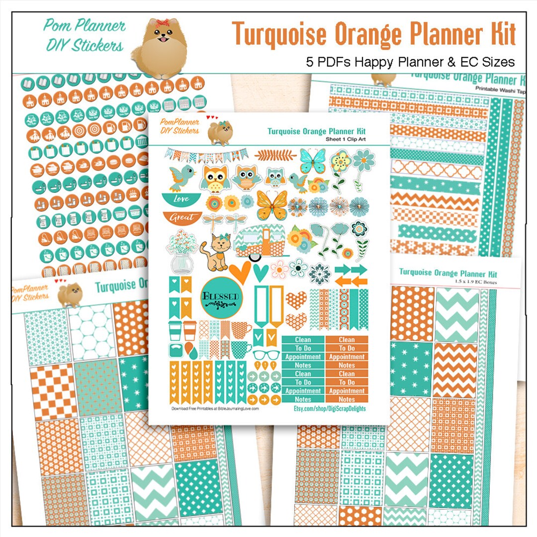 Planner Kit! Turquoise Orange Printable Stickers / 5 Pdf Clip Art ...