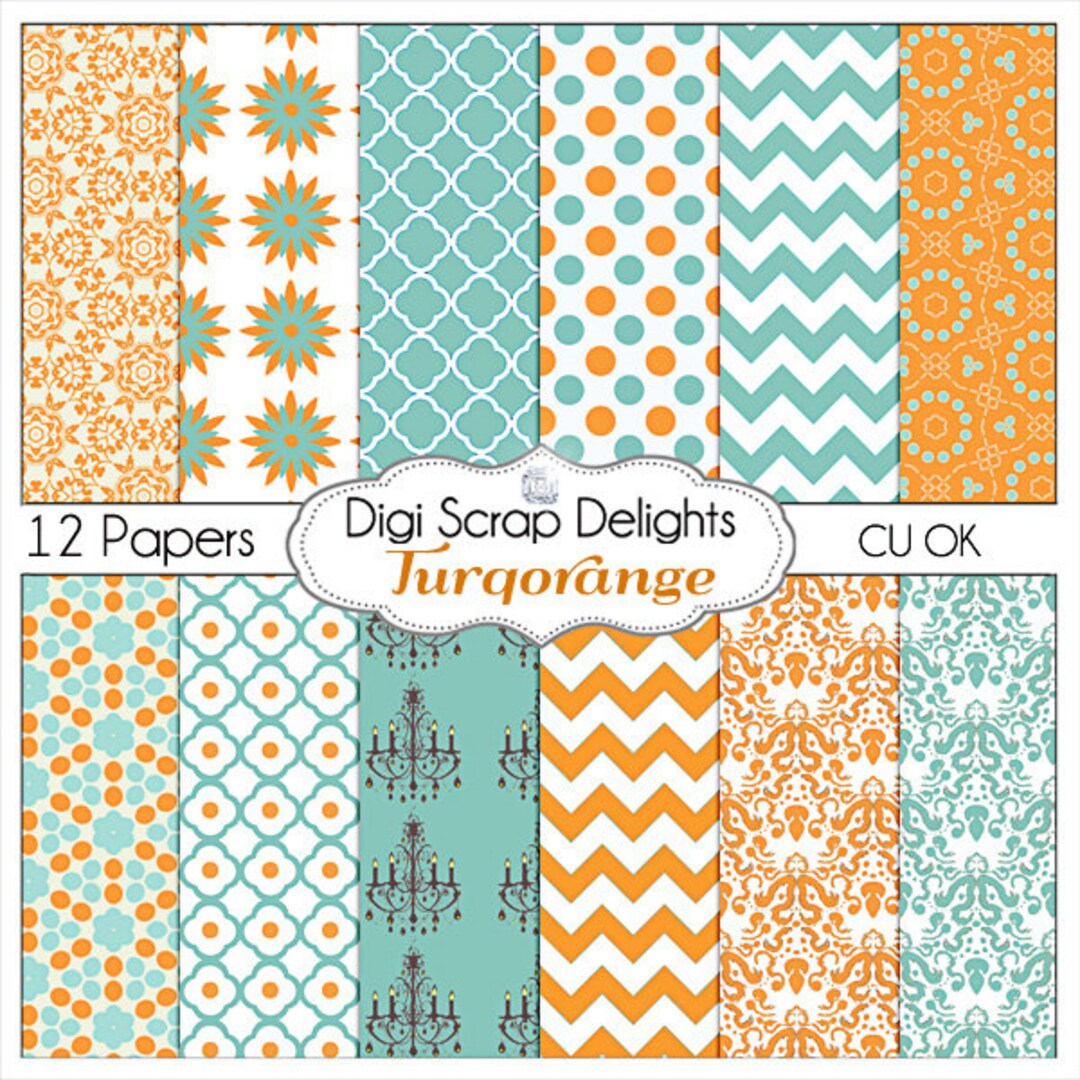 Turquoise & Orange Scrapbook Paper: Chevron, Quatrefoil (digital ...