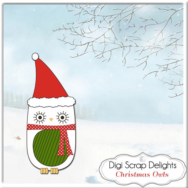 Christmas Clip Art Owls Red Green Tree Snow Cards - Etsy