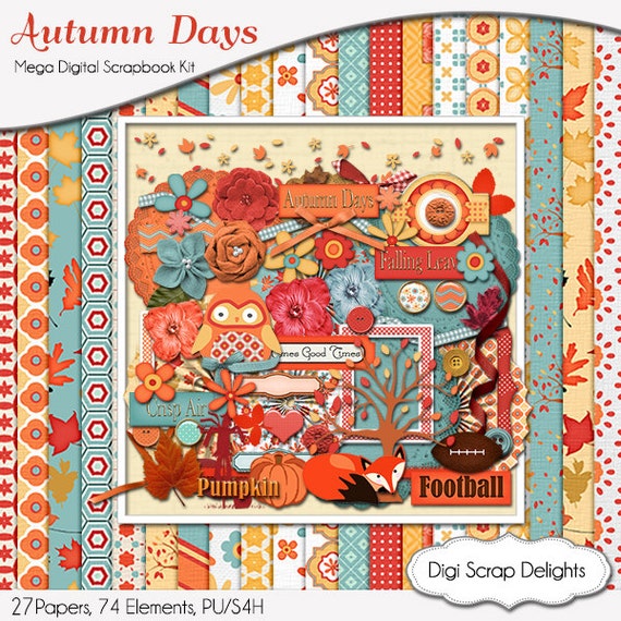 Autumn Days Digital Scrapbook Kit in Orange Red Blue Red | Etsy