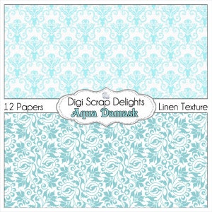 Damask Digital Papers in Aqua for Photo Backdrops, Paper Crafts, and ...