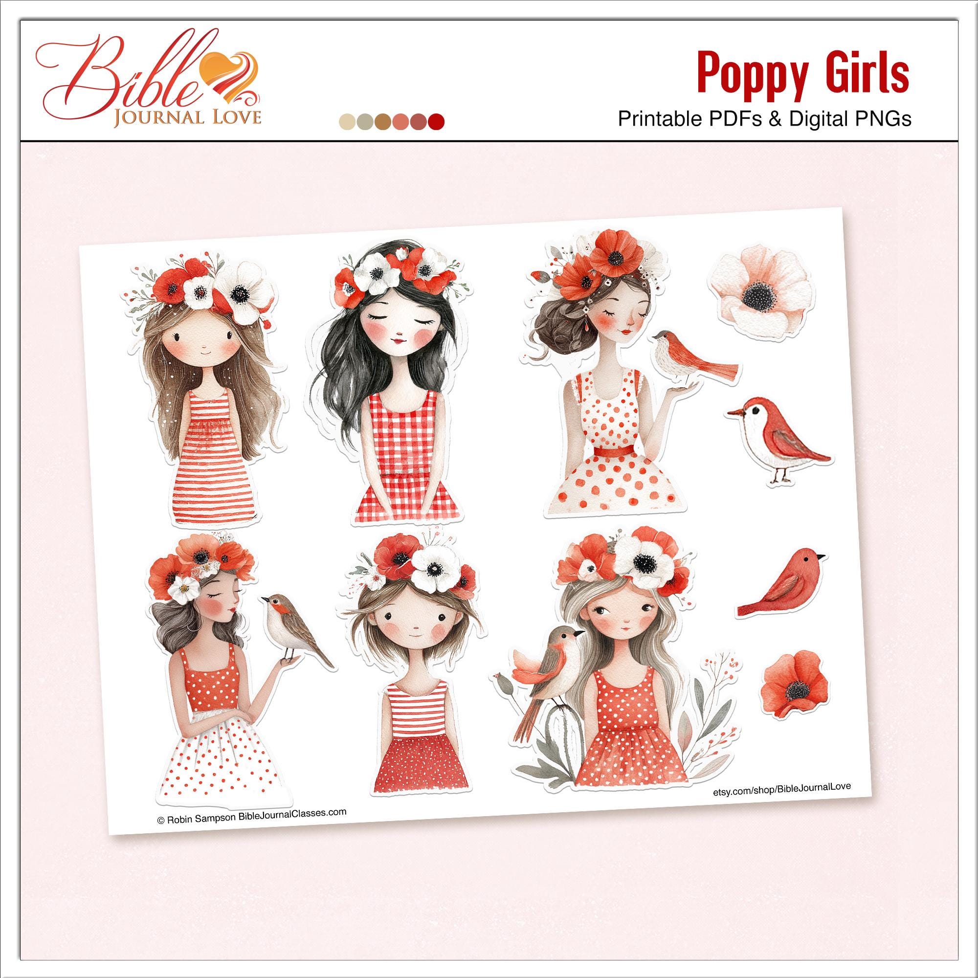 Poppy Girls Printable Stickers, Red Floral Joy Journal Ephemera ...