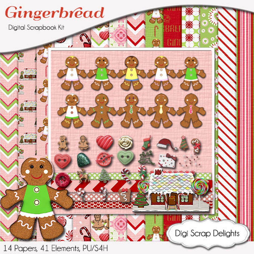 Gingerbread Digital Scrapbook Kit Clip Art in Pink Red - Etsy