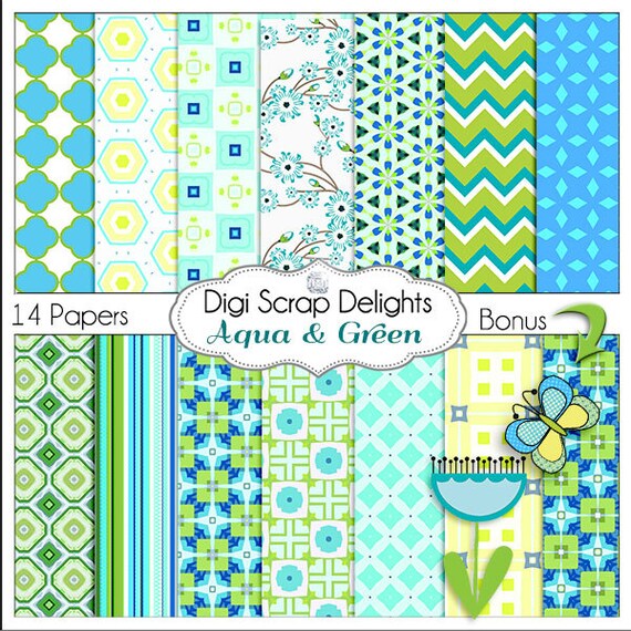Aqua Green Digital Papers for Digital Scrapbooking Card | Etsy